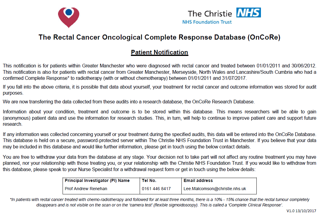 Patient Notification – OnCoRe Plus: The Rectal Cancer Oncological ...